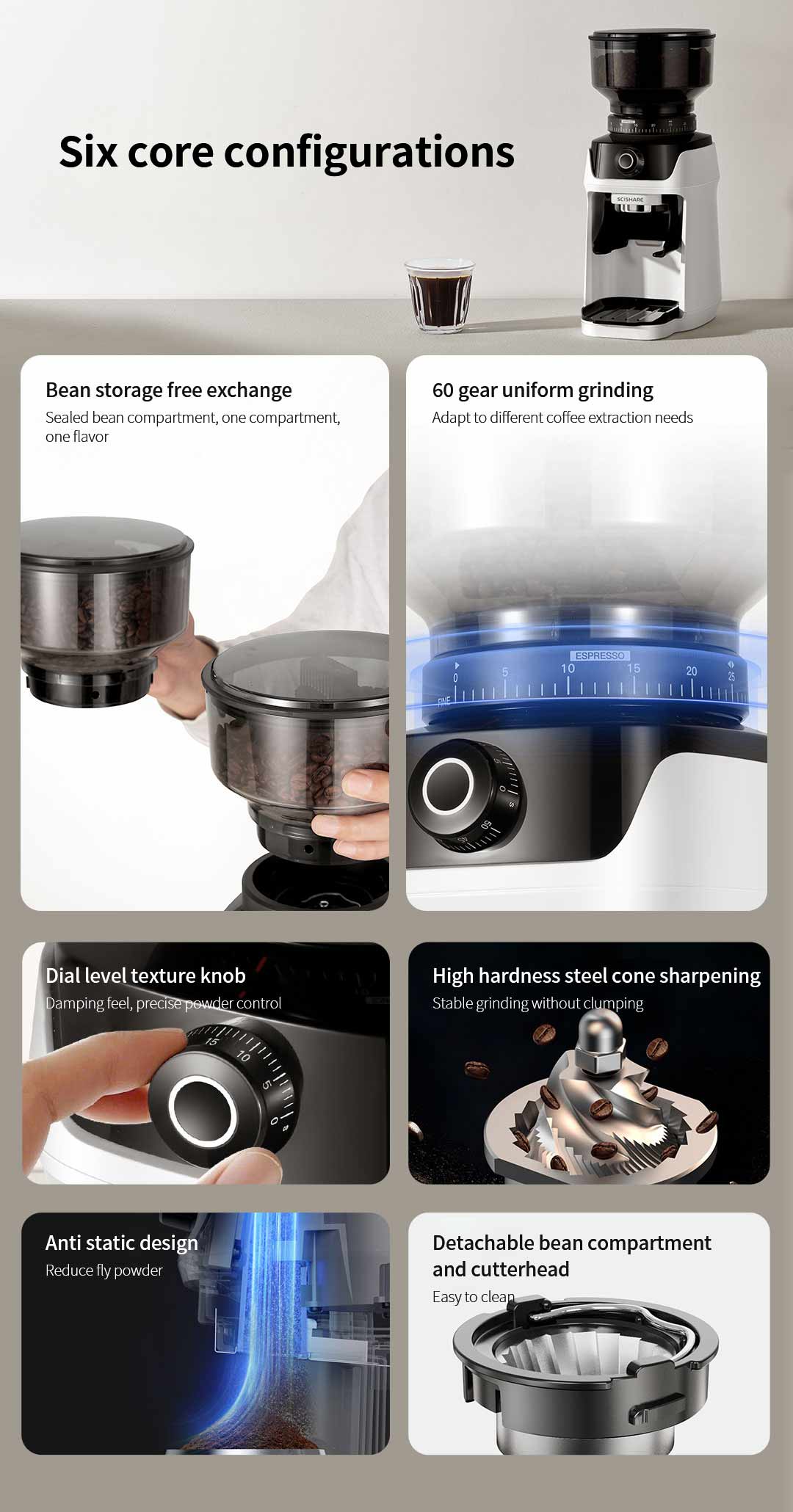 SCISHARE Coffee Grinder S3201, 60 Adjustable Settings, Swappable Bean ...