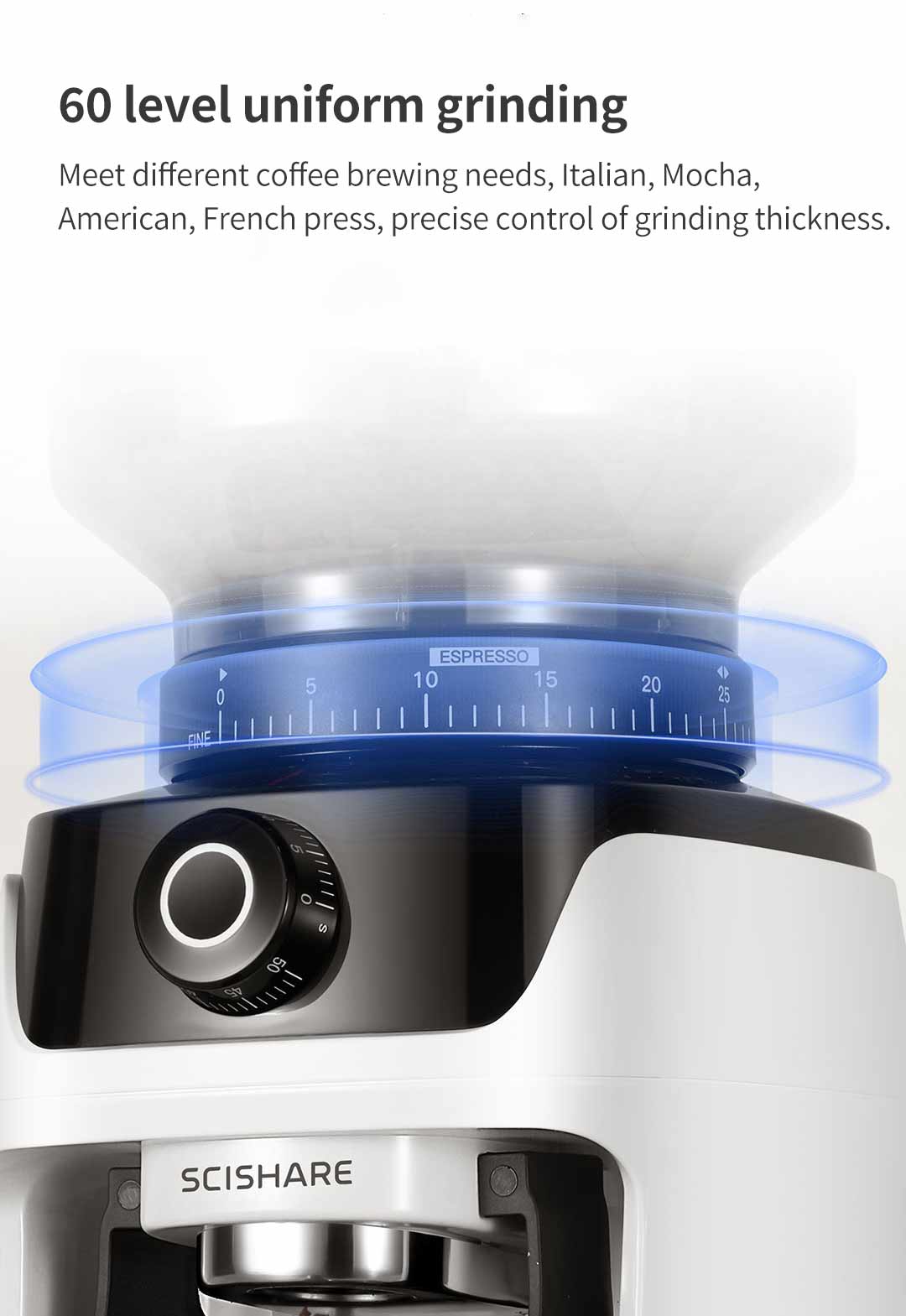 SCISHARE Coffee Grinder S3201, 60 Adjustable Settings, Swappable Bean ...