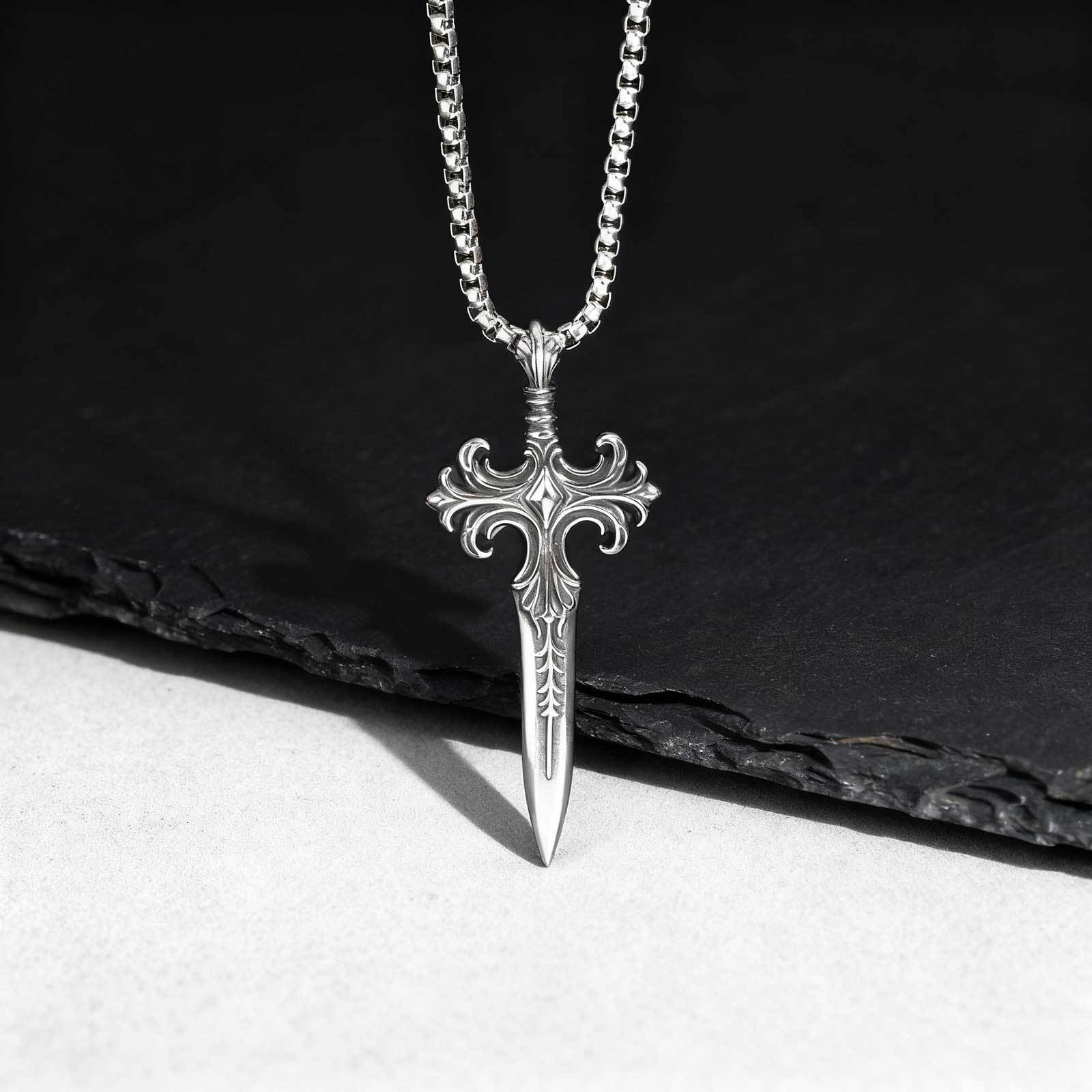 Kemstone Stainless Steel Sword Pendant Necklace – Black Cubic Zirconia ...