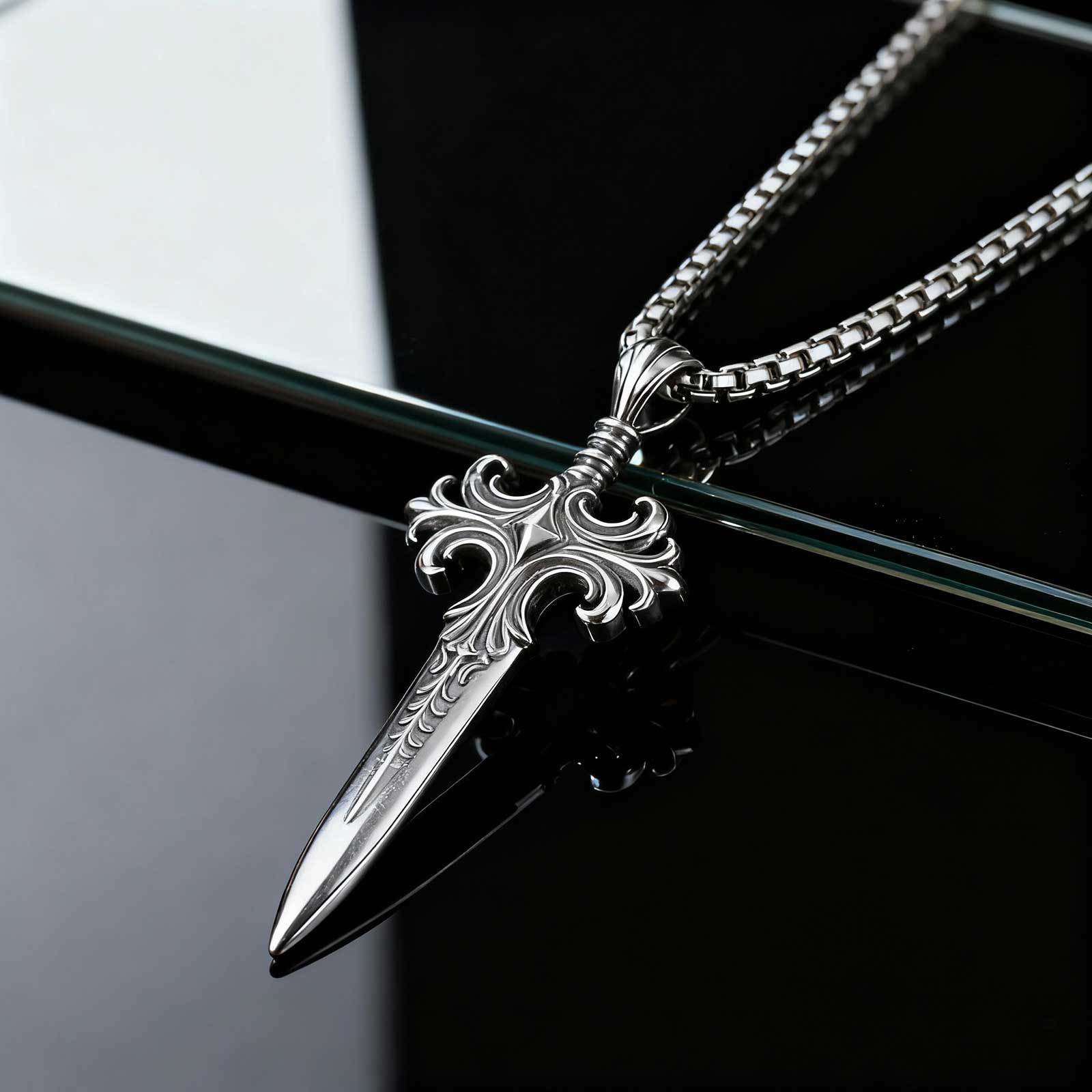 Kemstone Stainless Steel Sword Pendant Necklace – Black Cubic Zirconia ...