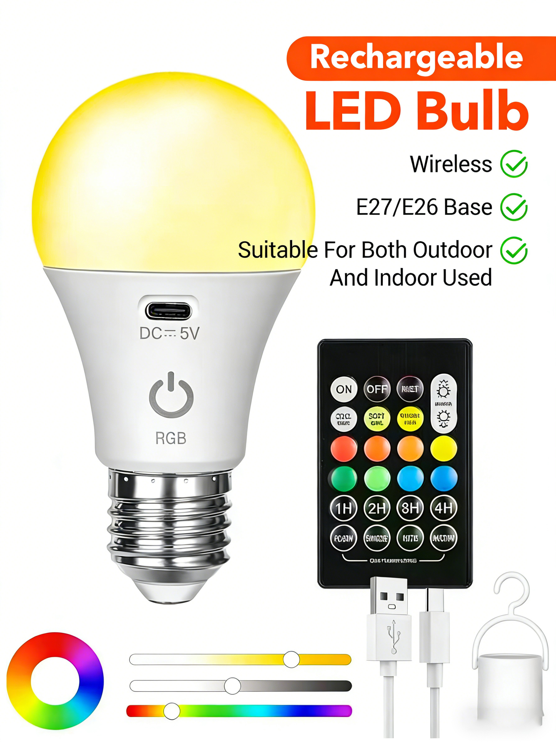 9 Colors Rechargeable RGB LED Bulb丨USB Charging Emergency Light丨Touch ...