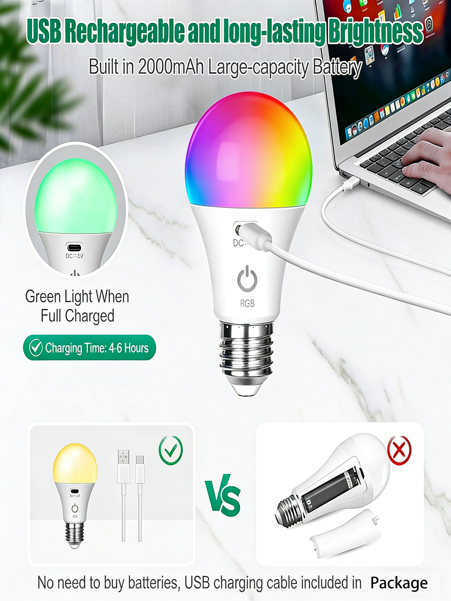 9 Colors Rechargeable RGB LED Bulb丨USB Charging Emergency Light丨Touch ...