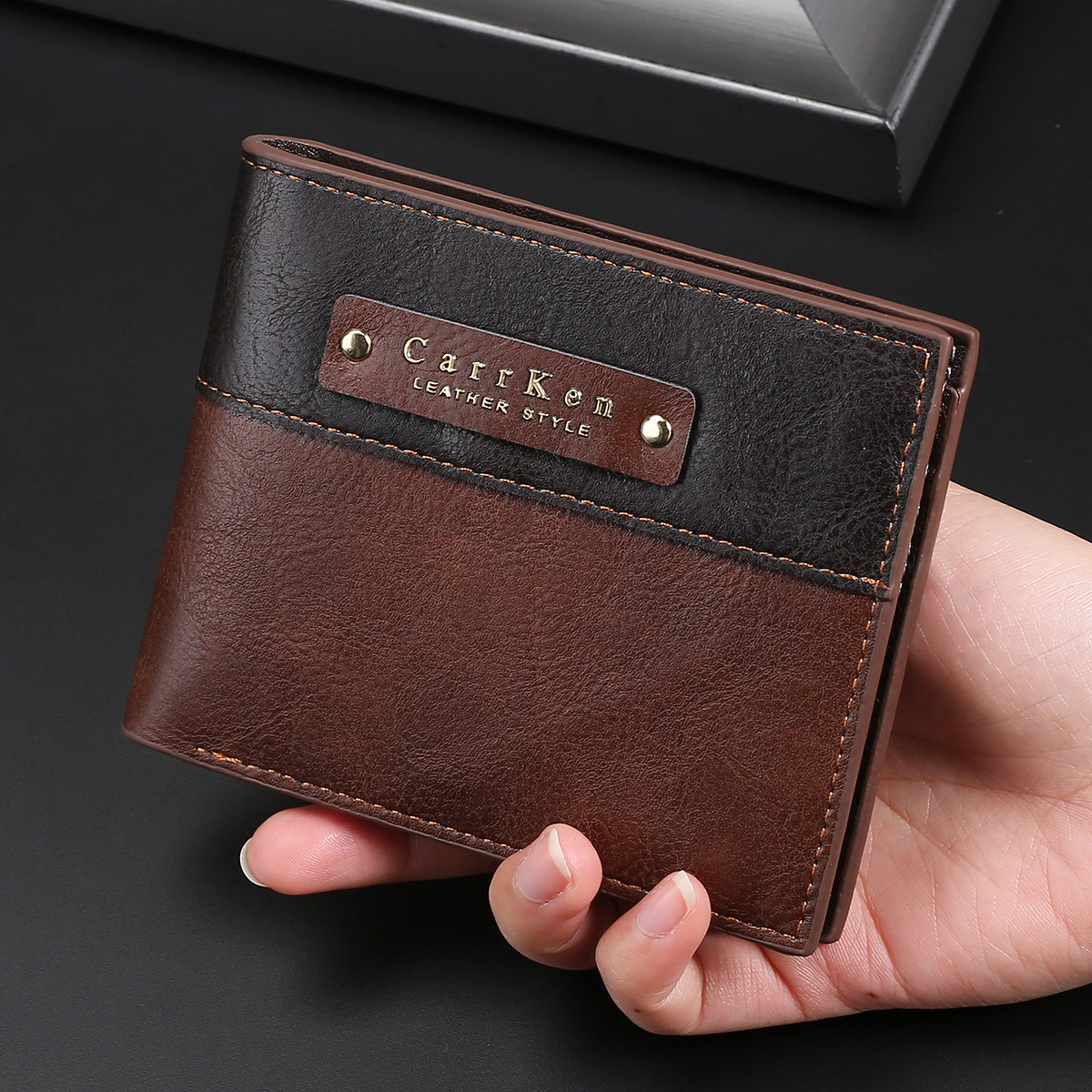 CarrKen Men's Short Wallet Retro Stitched Color-Block Leather Card ...