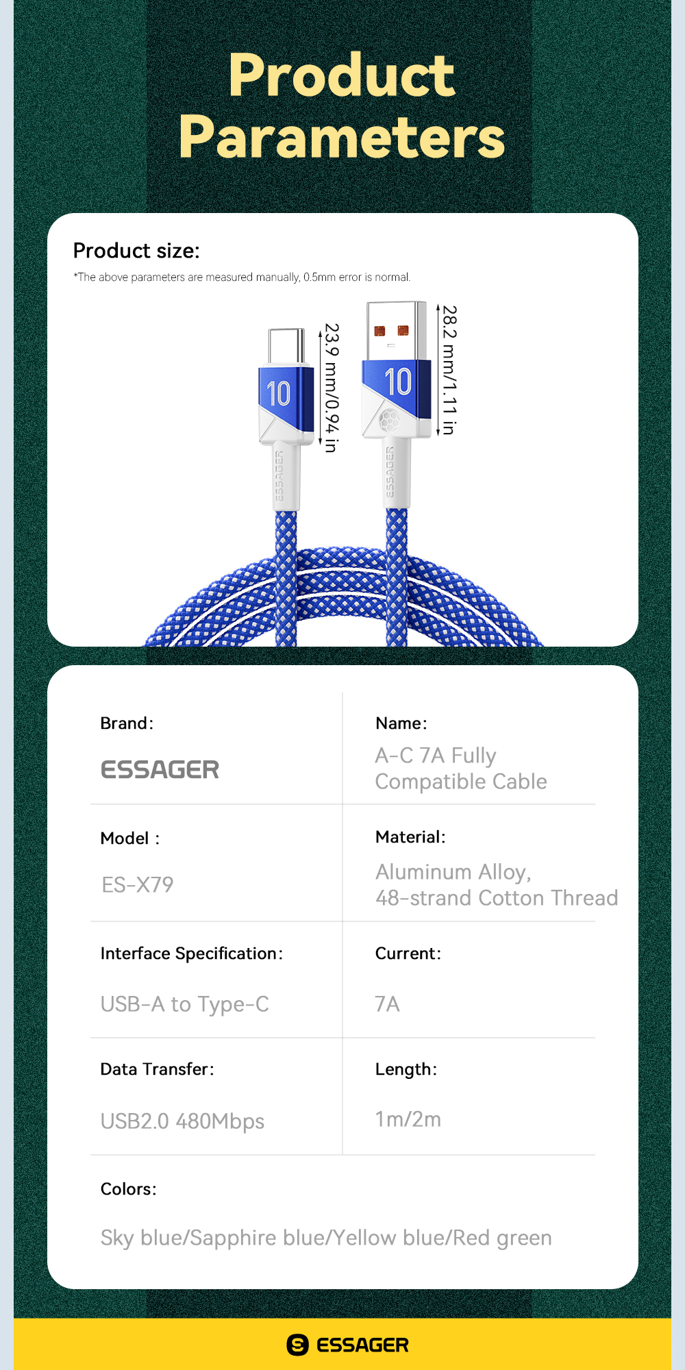 Essager 7A Fast Charging Cable USB-A to Type-C Built-in E-Marker Chip ...