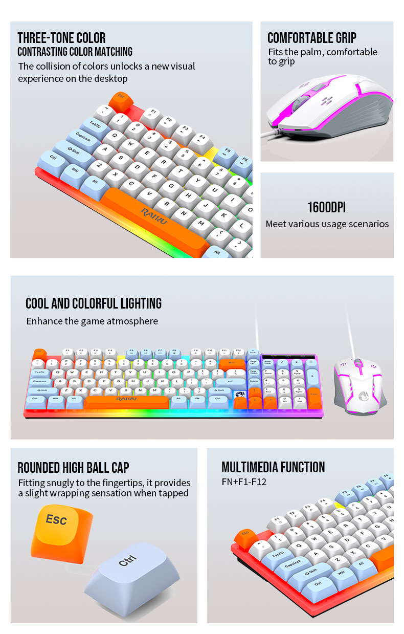 Raiku T28 Rainbow Backlit Gaming Combo 98 Key Wired Keyboard and Mouse ...