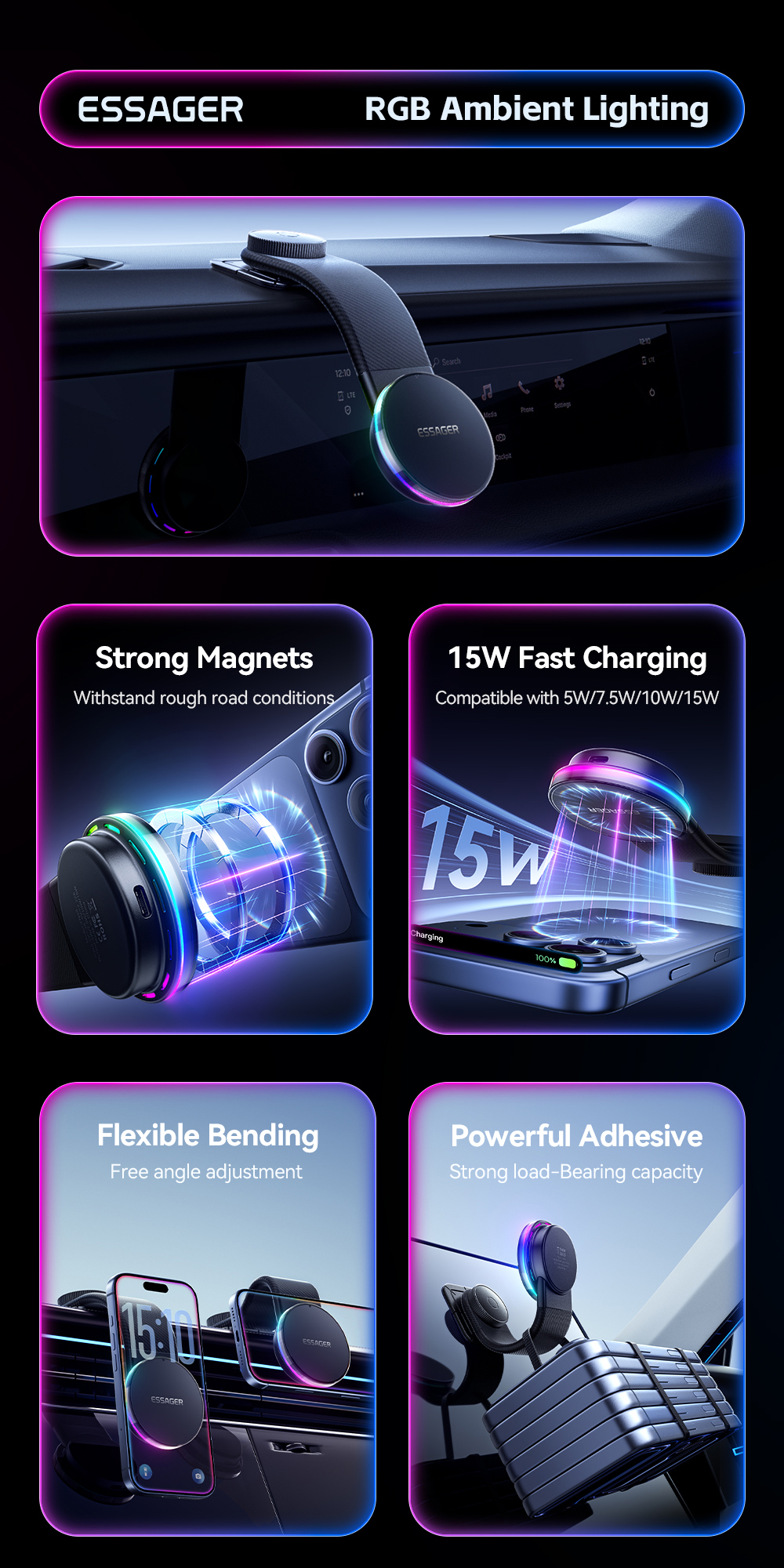 Essager 15W Magnetic Wireless Charging Car Holder Strong Adhesive Base ...