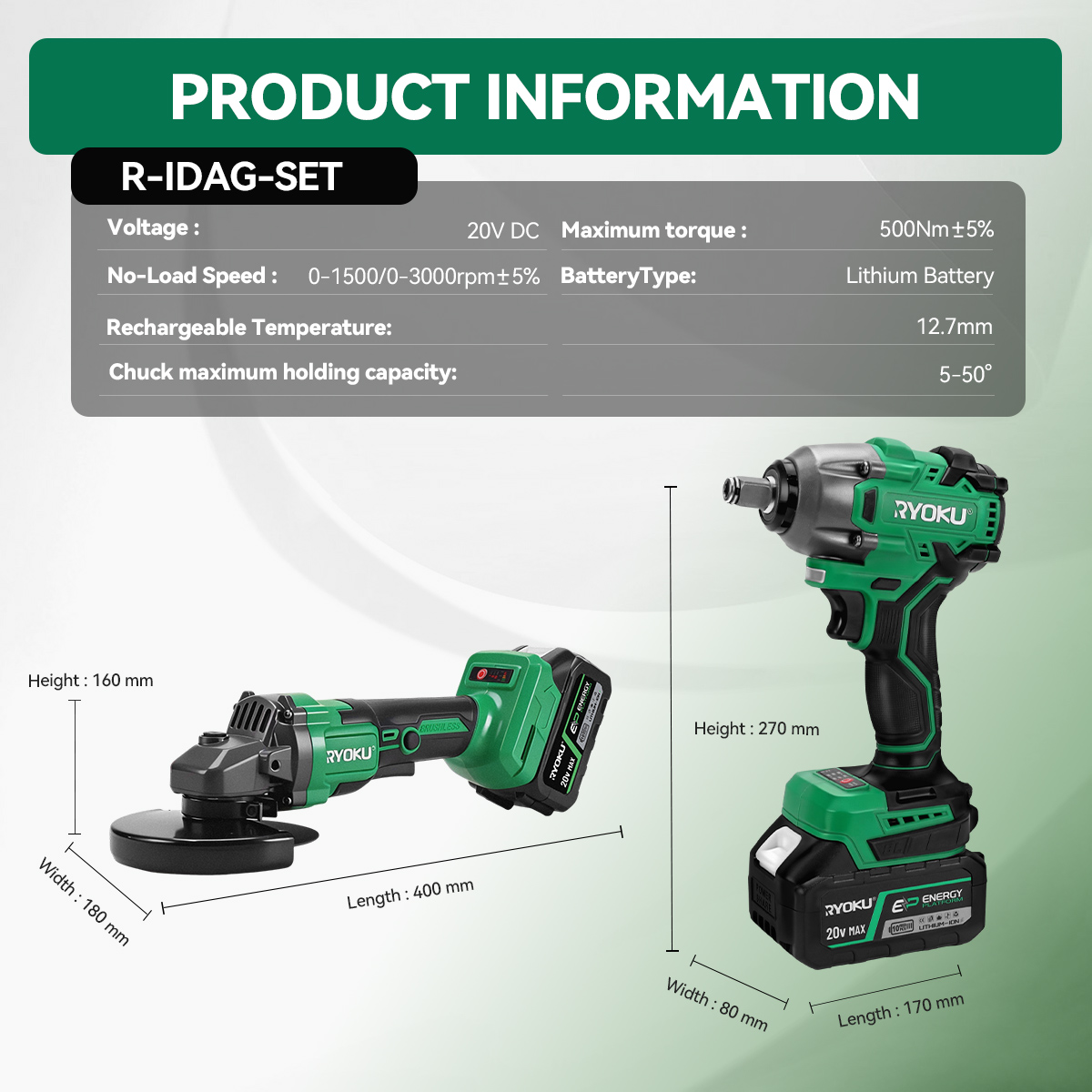 RYOKU Cordless 500N.M Brushless Wrench & Angle Grinder Power Tools Set ...