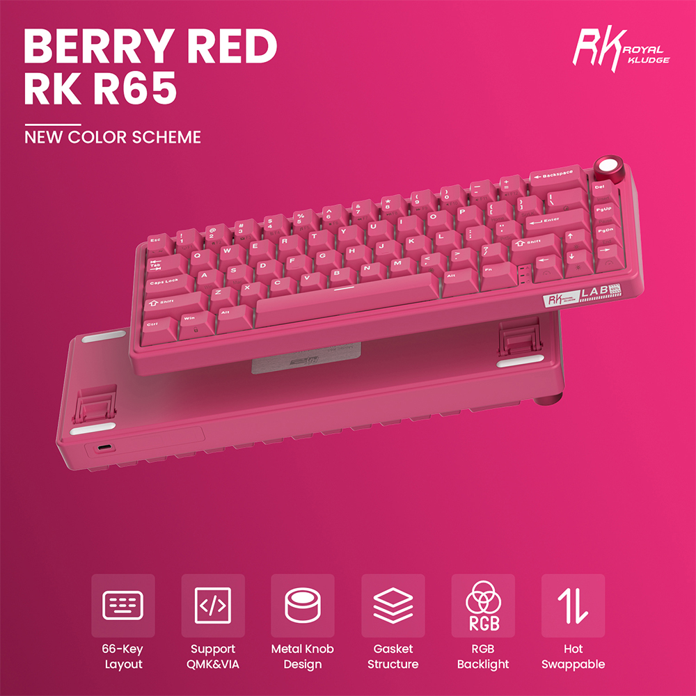 RK ROYAL KLUDGE RK R65 Berry Red Gasket Wired Hot Swapple Mechanical ...