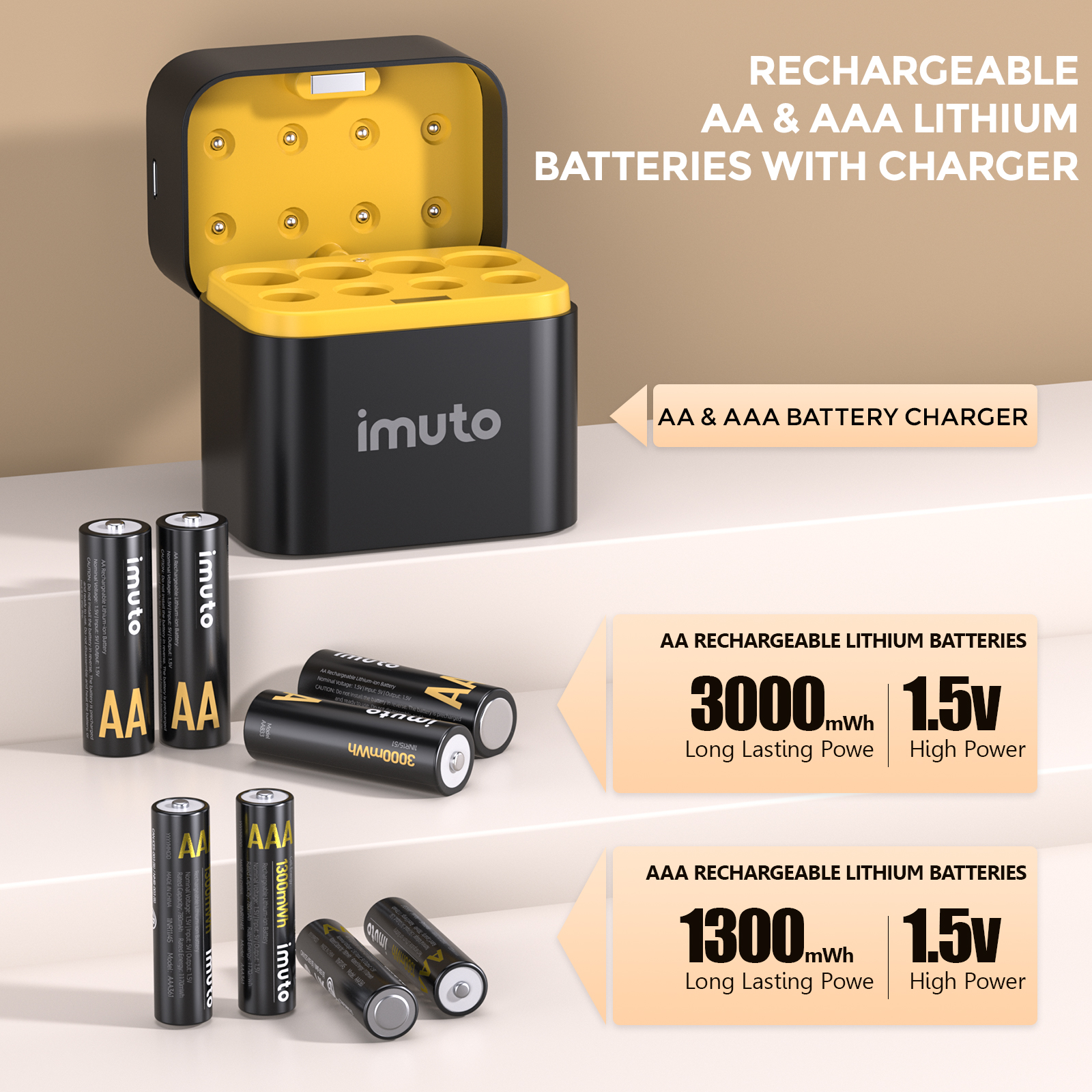 imuto Rechargeable AA&AAA Battery Li-ion with Charger 8 Pcs 1.5V 3000 ...