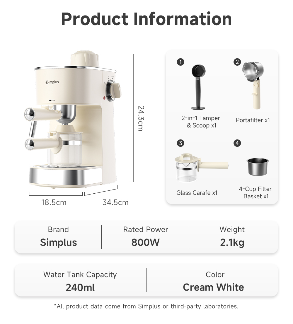 Simplus Coffee Machine Semi-Automatic Espresso Maker Steam Frothing ...