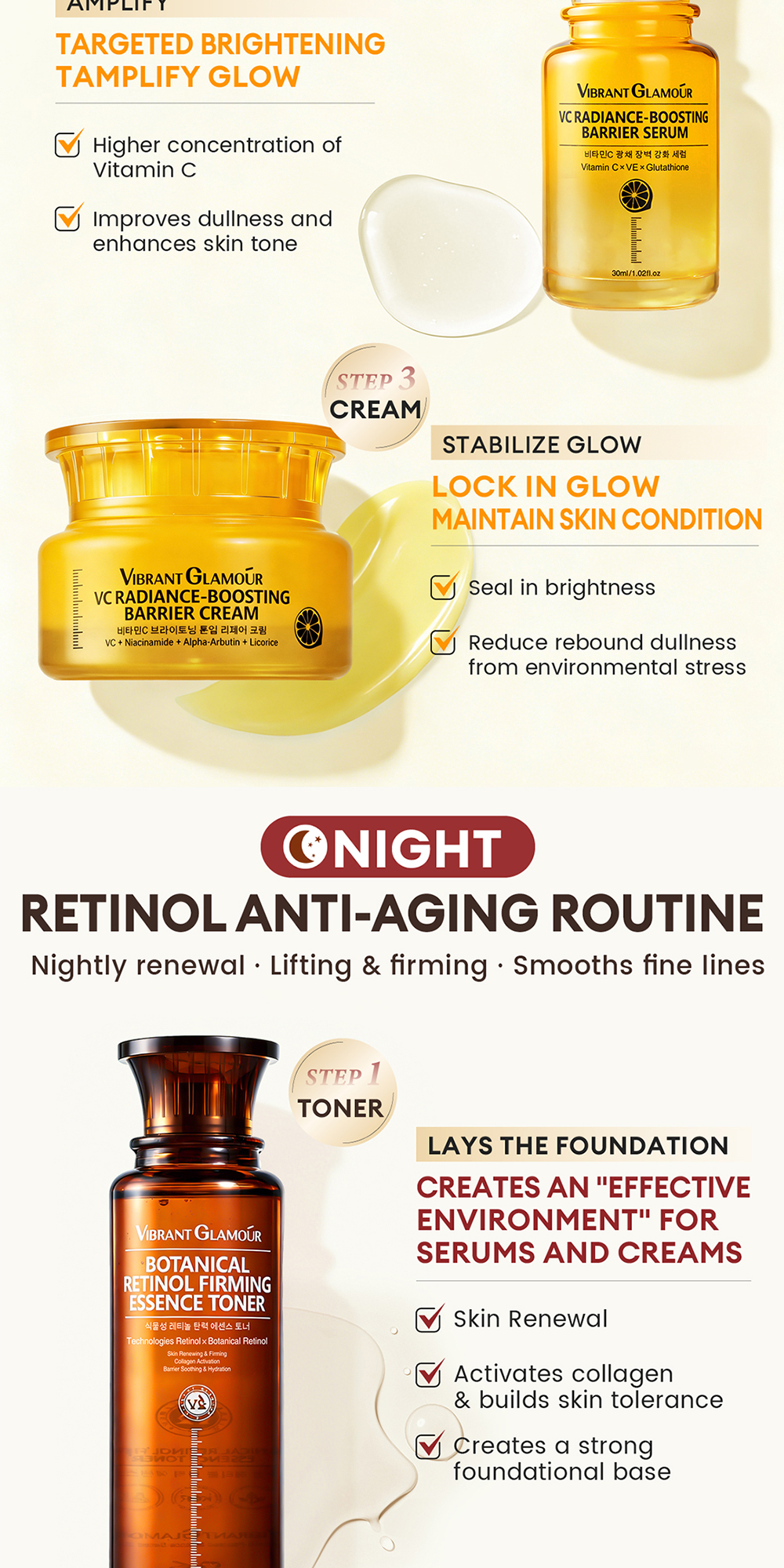 VIBRANT GLAMOUR Morning-C & Night-A 6PCS，Botanical VC + Retinol duo for ...