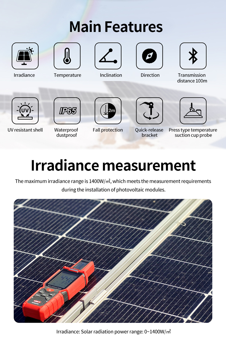 UNI-T Solar Irradiance Meter UT381PV Irradiance Inclination Temperature ...
