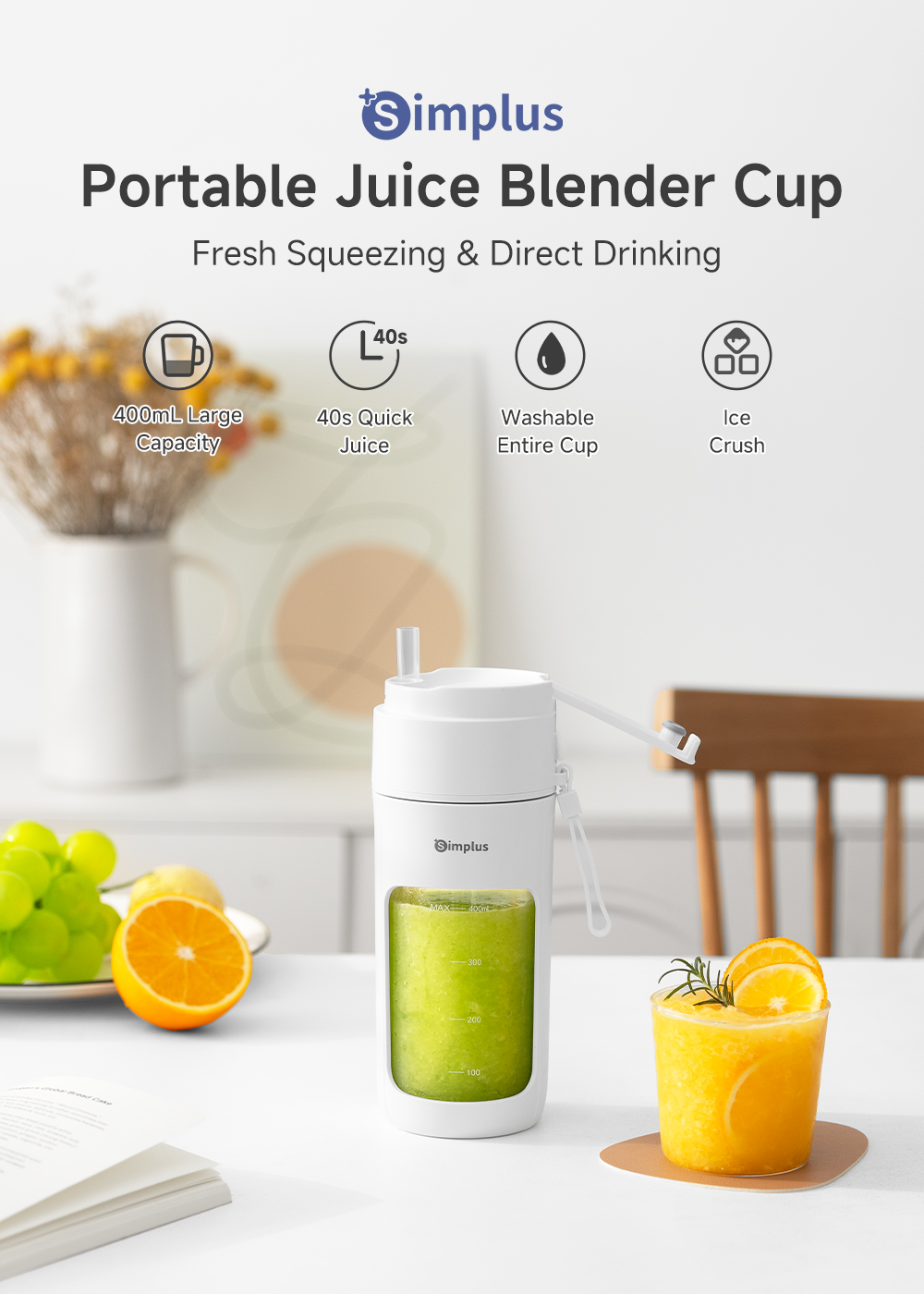 Simplus Upgraded Portable Juicer Blender Fruit Juice Mixer 400mL USB ...