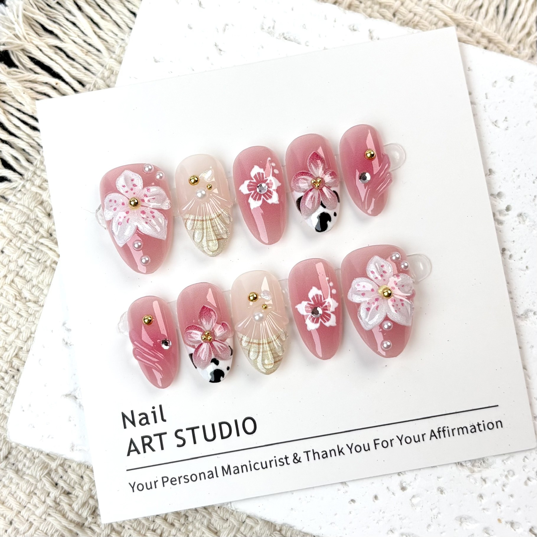 New 3D Handmade Summer Nail Art Short Almond Nails Reusable Wearable ...