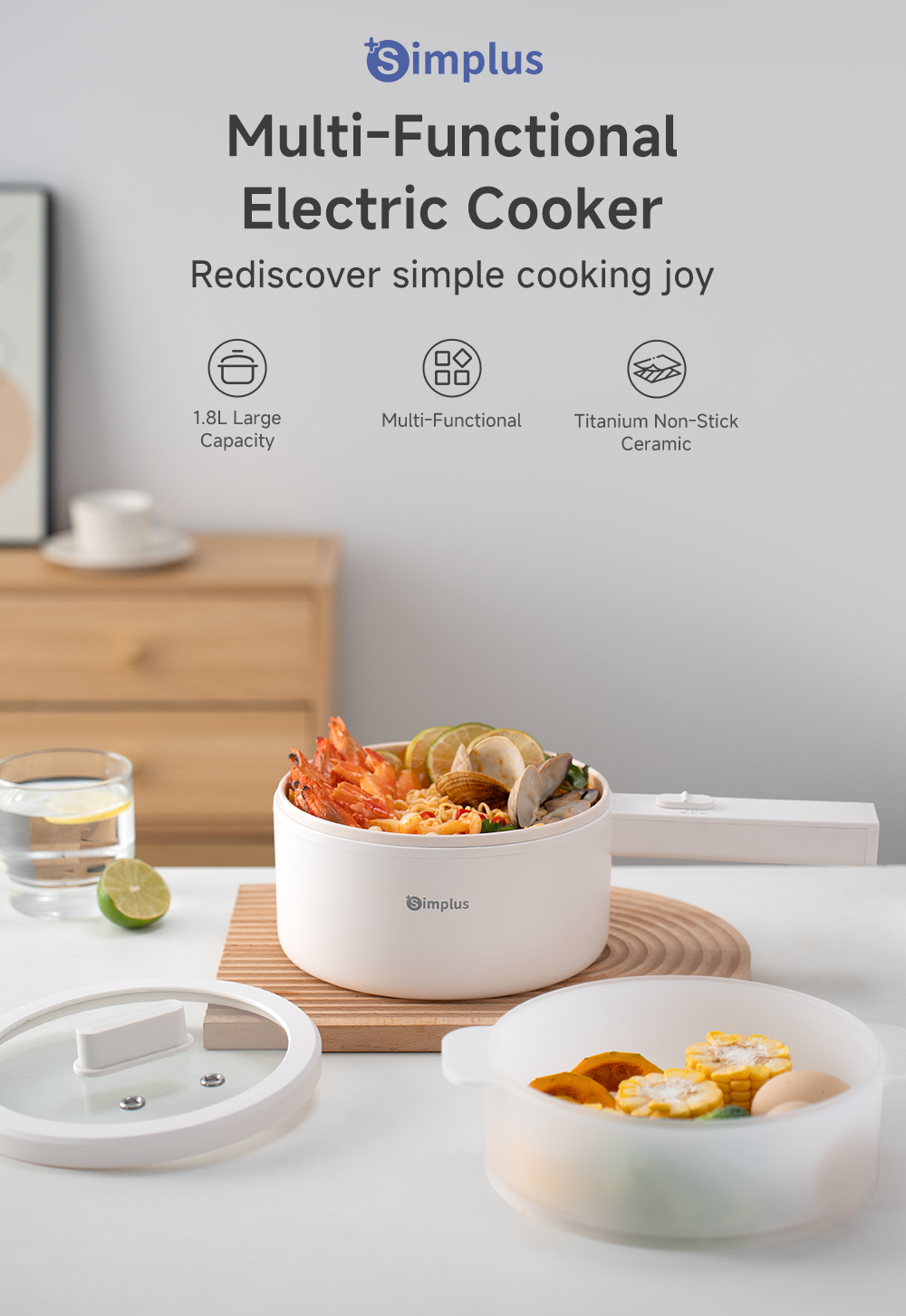 Simplus Electric Cooker with Steamer Rice Cooker Multi-Functional Non ...