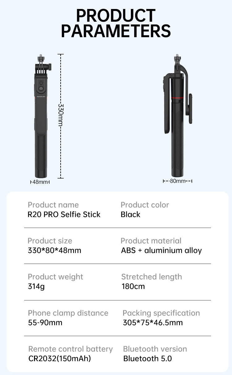 AVIDUS R20 PRO Selfie Stick 180cm Reversible With Bluetooth Remote ...