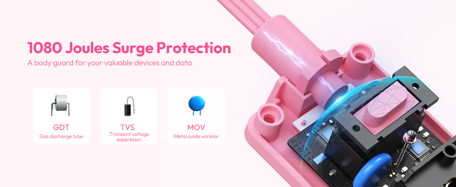 NTONPOWER Power Strip Surge Protector Power Strip Pink Extension Cord ...