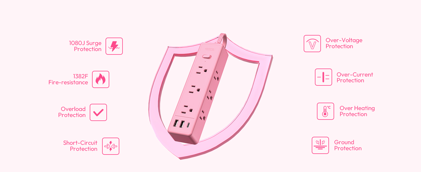 NTONPOWER Power Strip Surge Protector Power Strip Pink Extension Cord ...