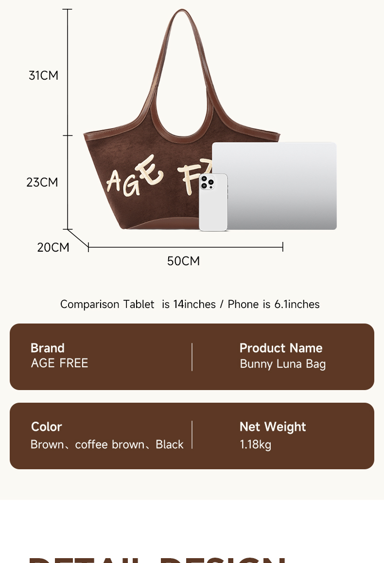 AGE FREE Luna Bag Suede Tote Bag Embroidery Logo with PU Trim Large ...