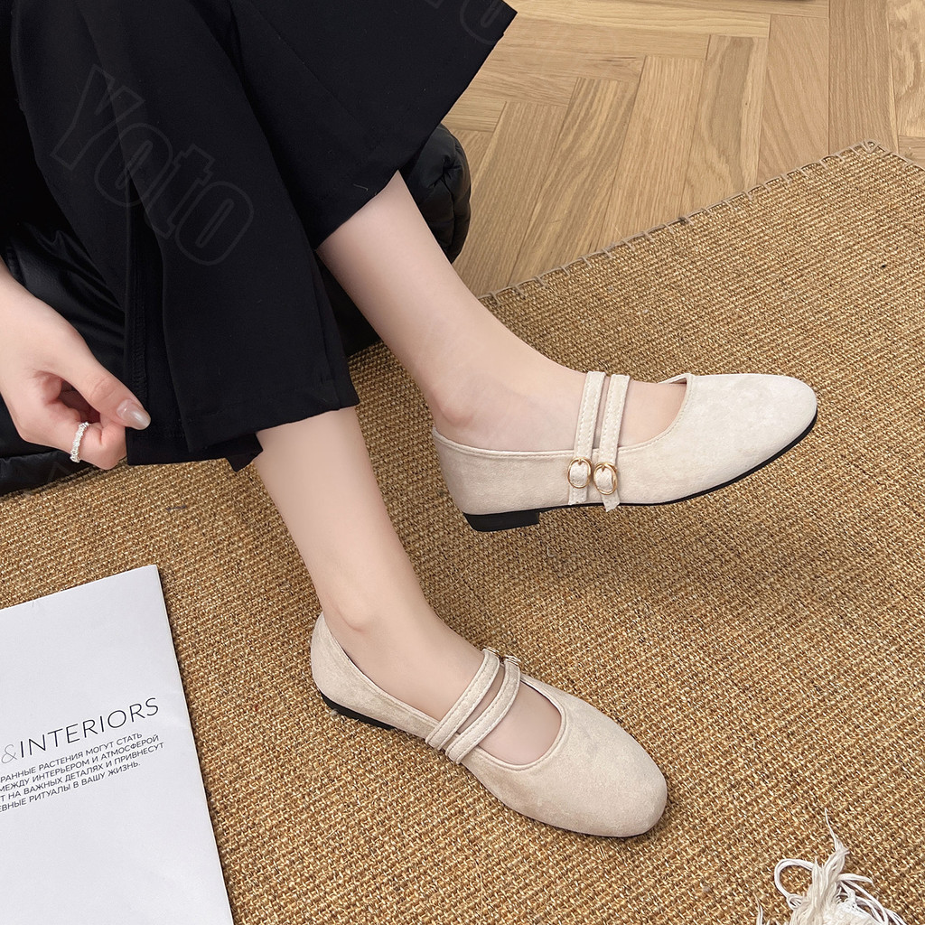 Women's Suede Double Strap Mary Jane Ballet Flats - Comfortable Vintage ...