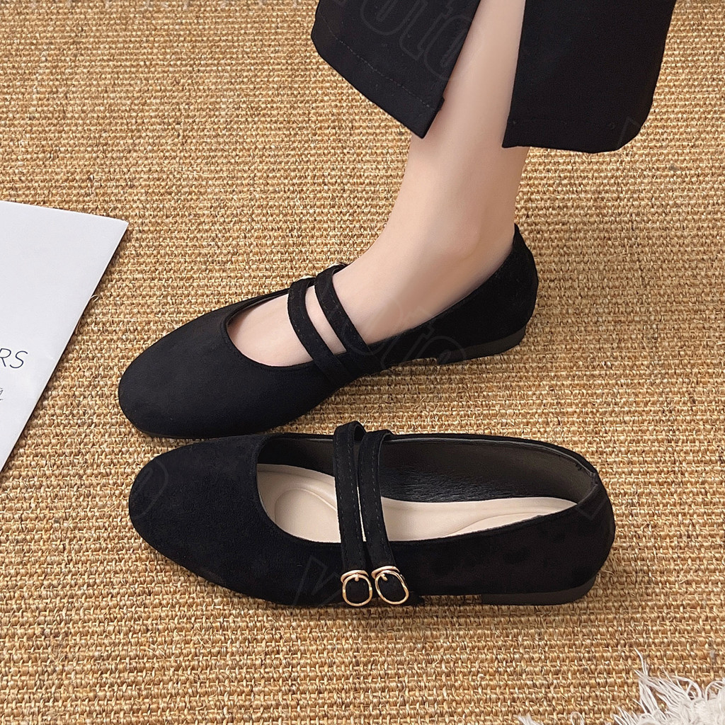 Women's Suede Double Strap Mary Jane Ballet Flats - Comfortable Vintage ...