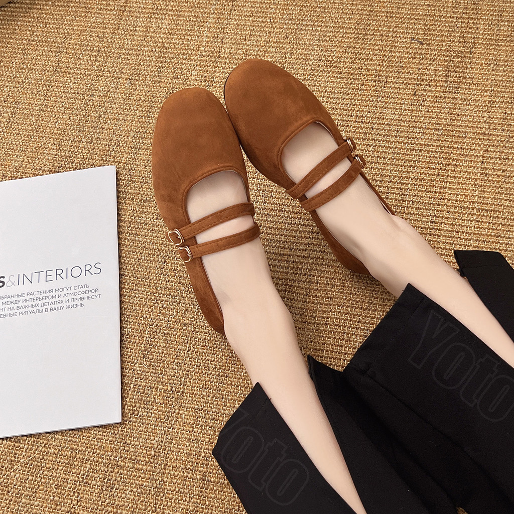 Women's Suede Double Strap Mary Jane Ballet Flats - Comfortable Vintage ...