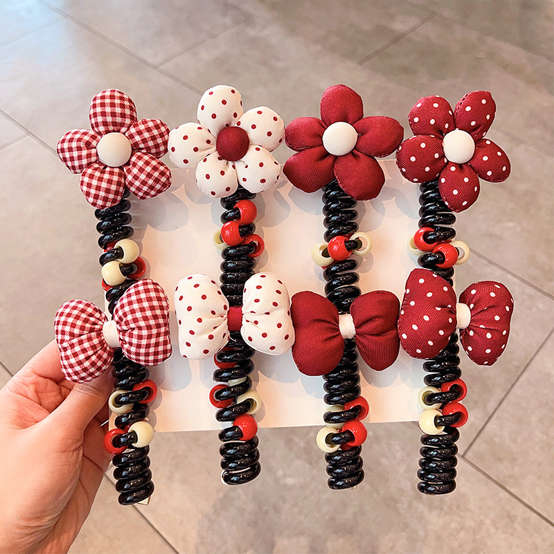 Red Flower Telephone Line Hair Tie Sweet Bubble Braid Bow Hair Tie High ...