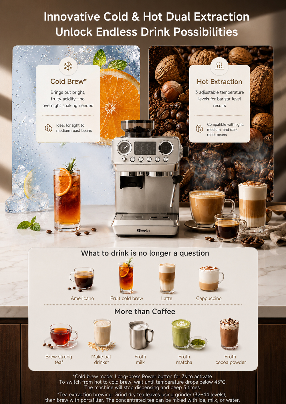 Simplus 3-in-1 Coffee Maker Espresso Machine Grind Brew Froth Cold&Hot ...