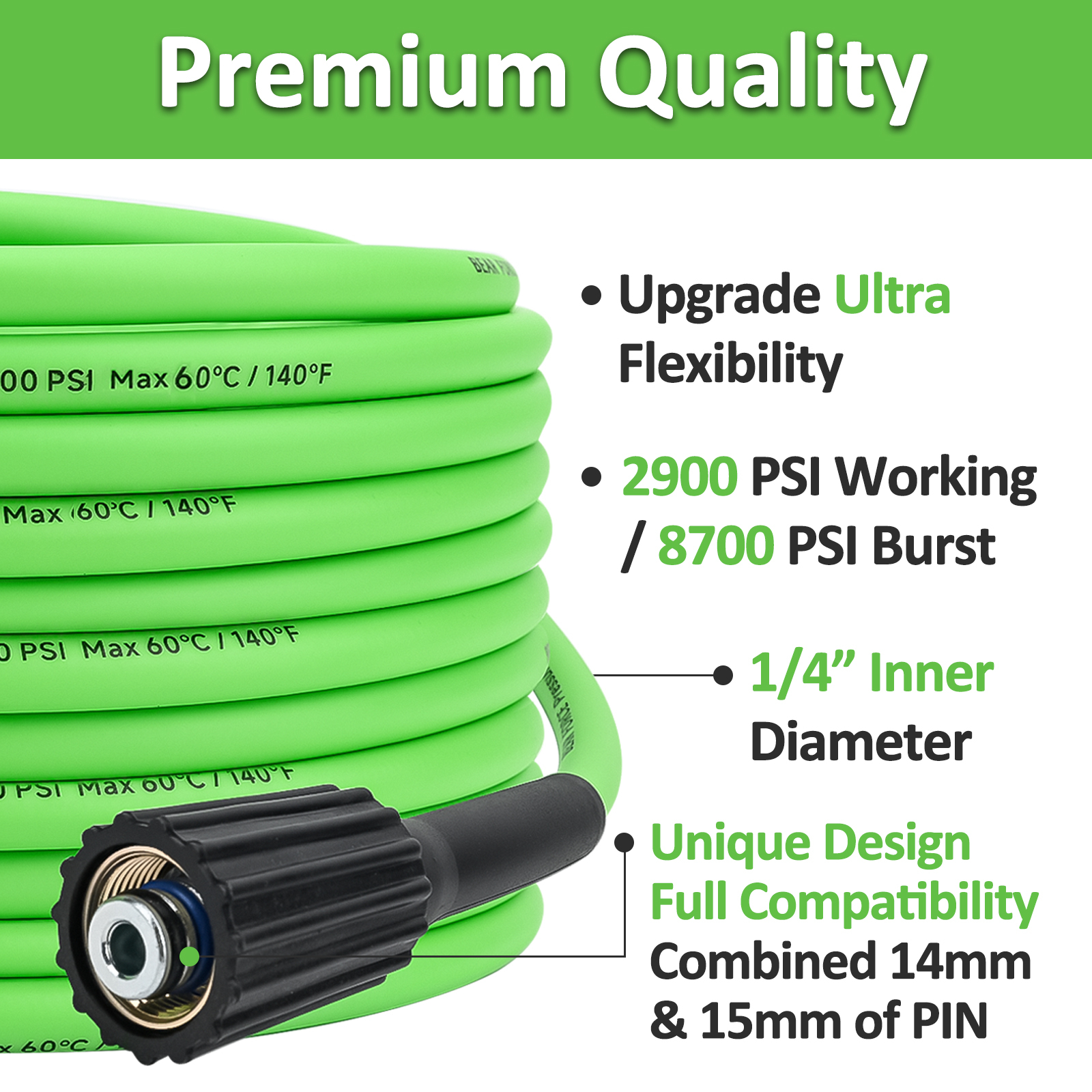 High Pressure Power Washer Hose Super Flexible Kink Resistant 2900 PSI ...