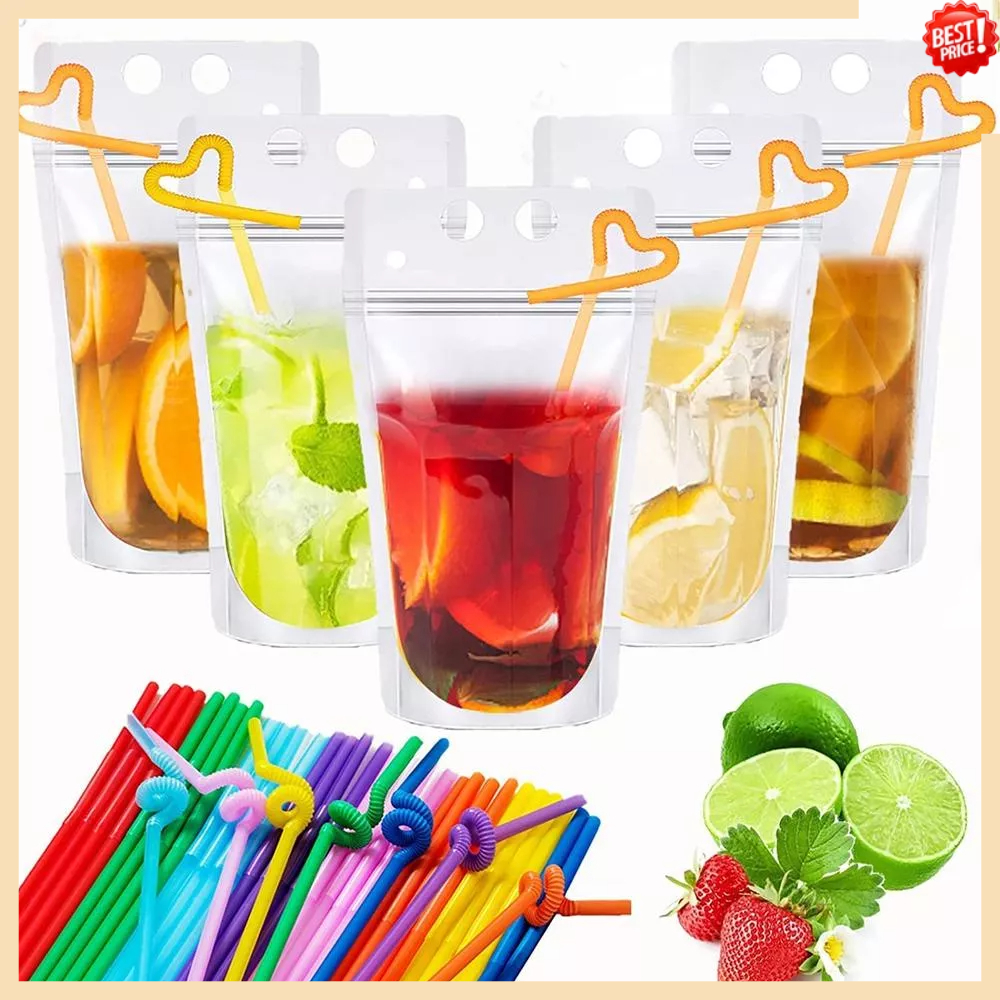 50 Pcs Drink Pouches Juice Bags Reusable Drink Pouches Party /Cocktail ...