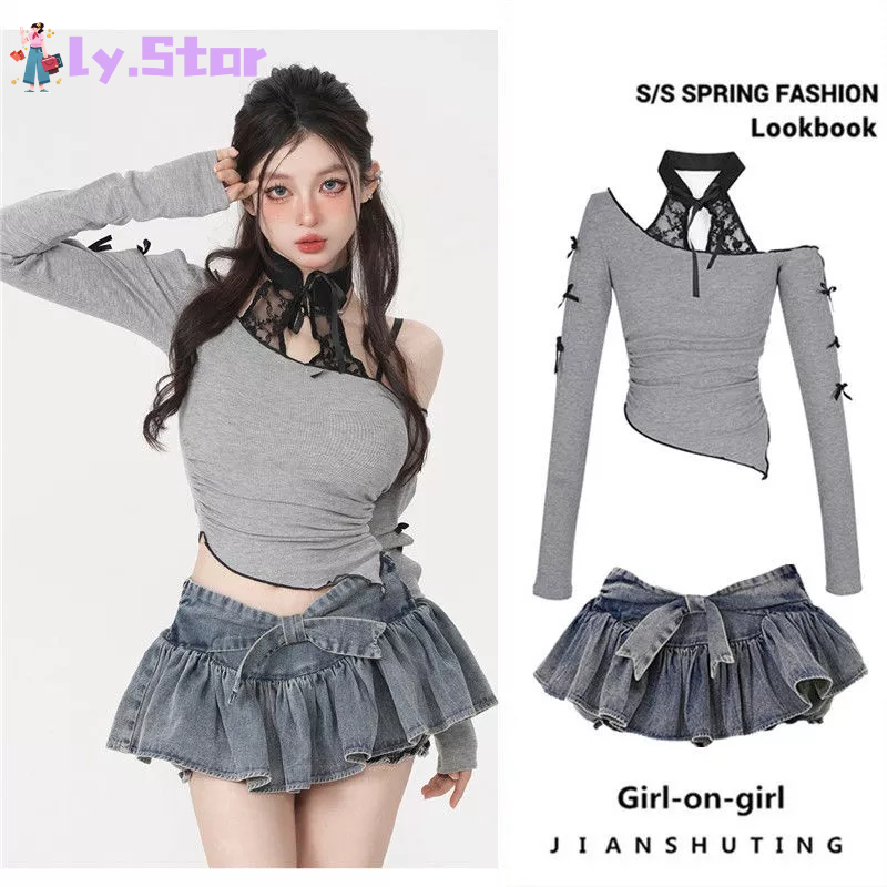 Ly.star Lace Halter Neck Positive Shoulder T-Shirt Spice Girl Top Bow ...