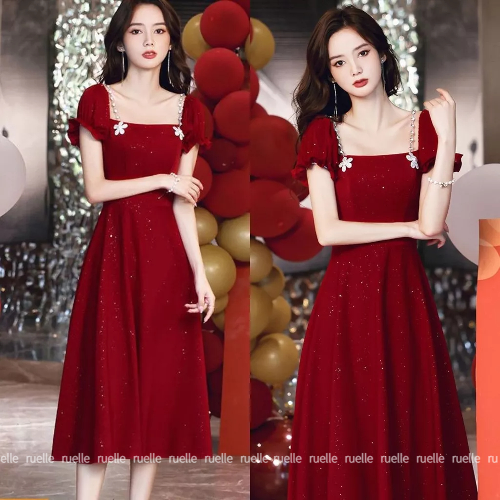Bride's New Wedding Red Dress Summer Evening Party Prom Gown | Shopee ...