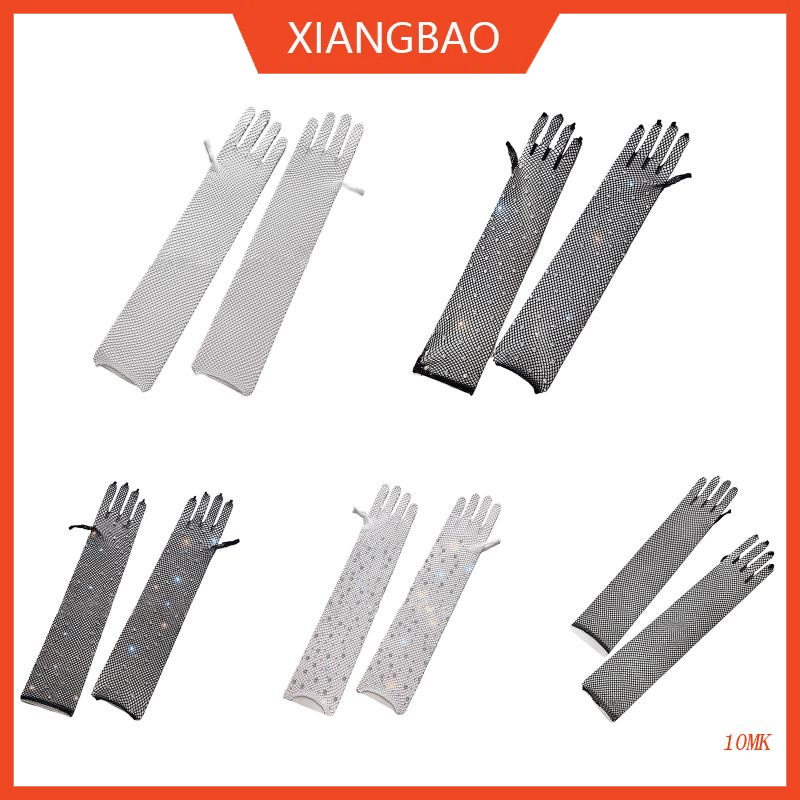 xiangbao 1 Pair Long Sexy Rhinestones Diamond Fishnet Gloves Mesh Full ...
