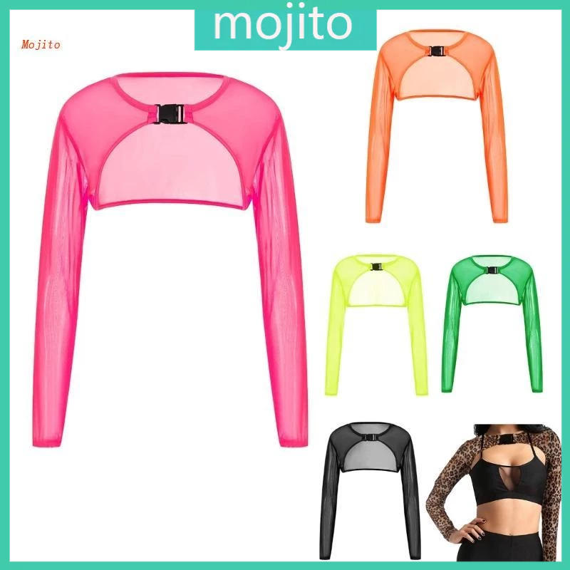 Mojito Women Sheer Mesh Rave Crop Top Long Sleeve Shrug Fishnet Cover ...