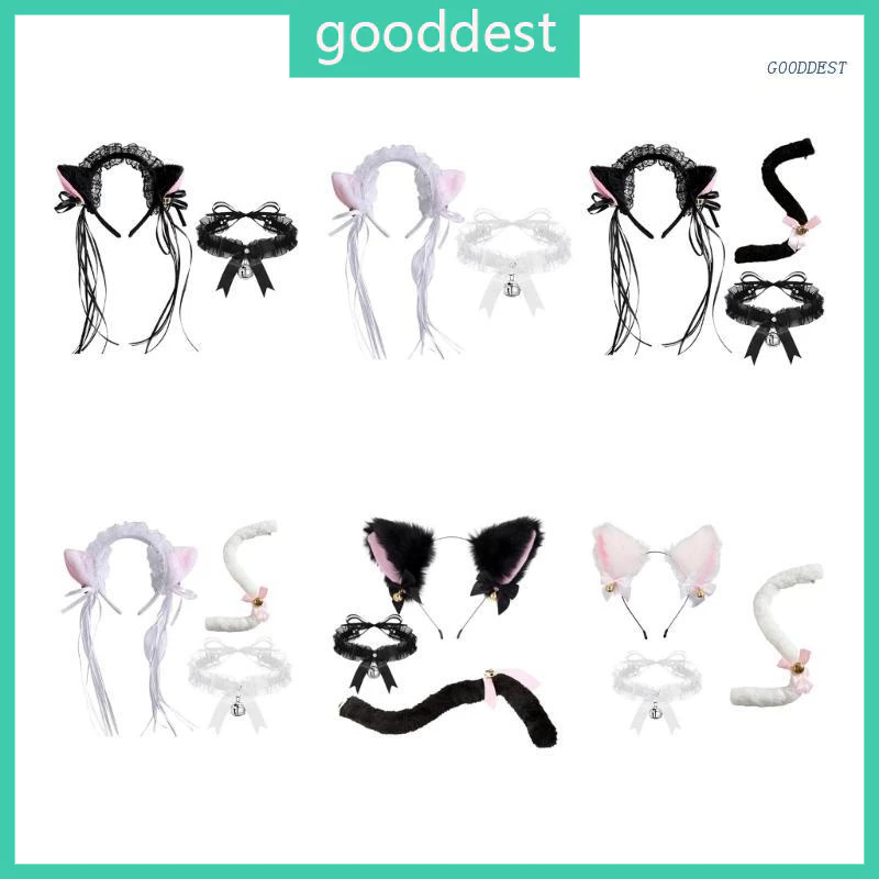 GOO Cats Ear Headband with Tail Lace Choker Halloween Cosplay Costume ...