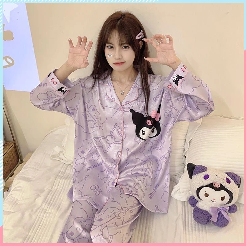 Kuromi Sleepwear Autumn New Cartoon Ice Silk Pajamas Cute Female Kuromi ...
