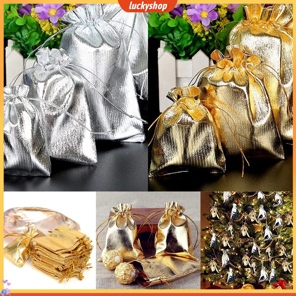 {LUSH} 50pcs Gold Silver Metallic Organza Drawstring Pouches Candy Gift ...