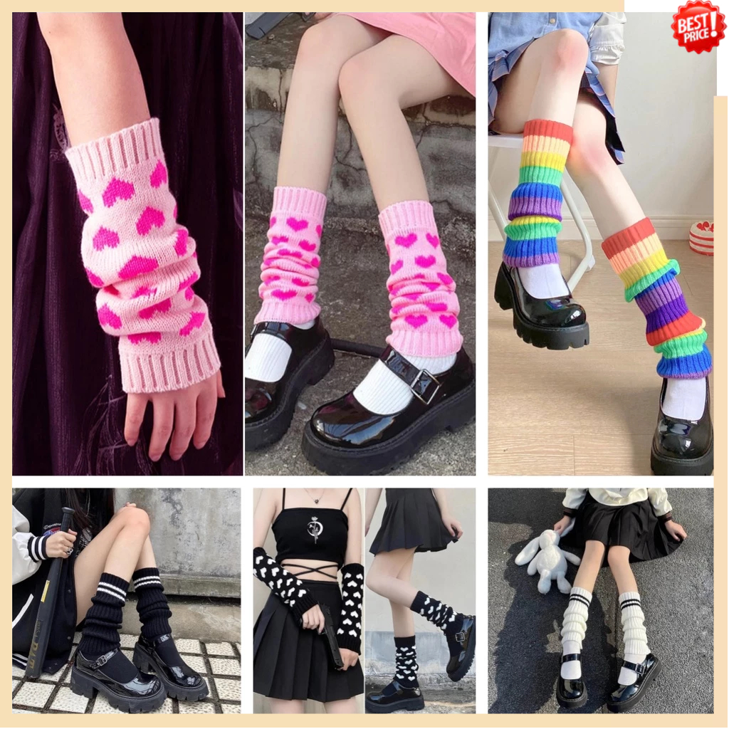 Heart Pattern Knitted Leg Warmers Gothic Loose Fit Stripe Leg Cover ...