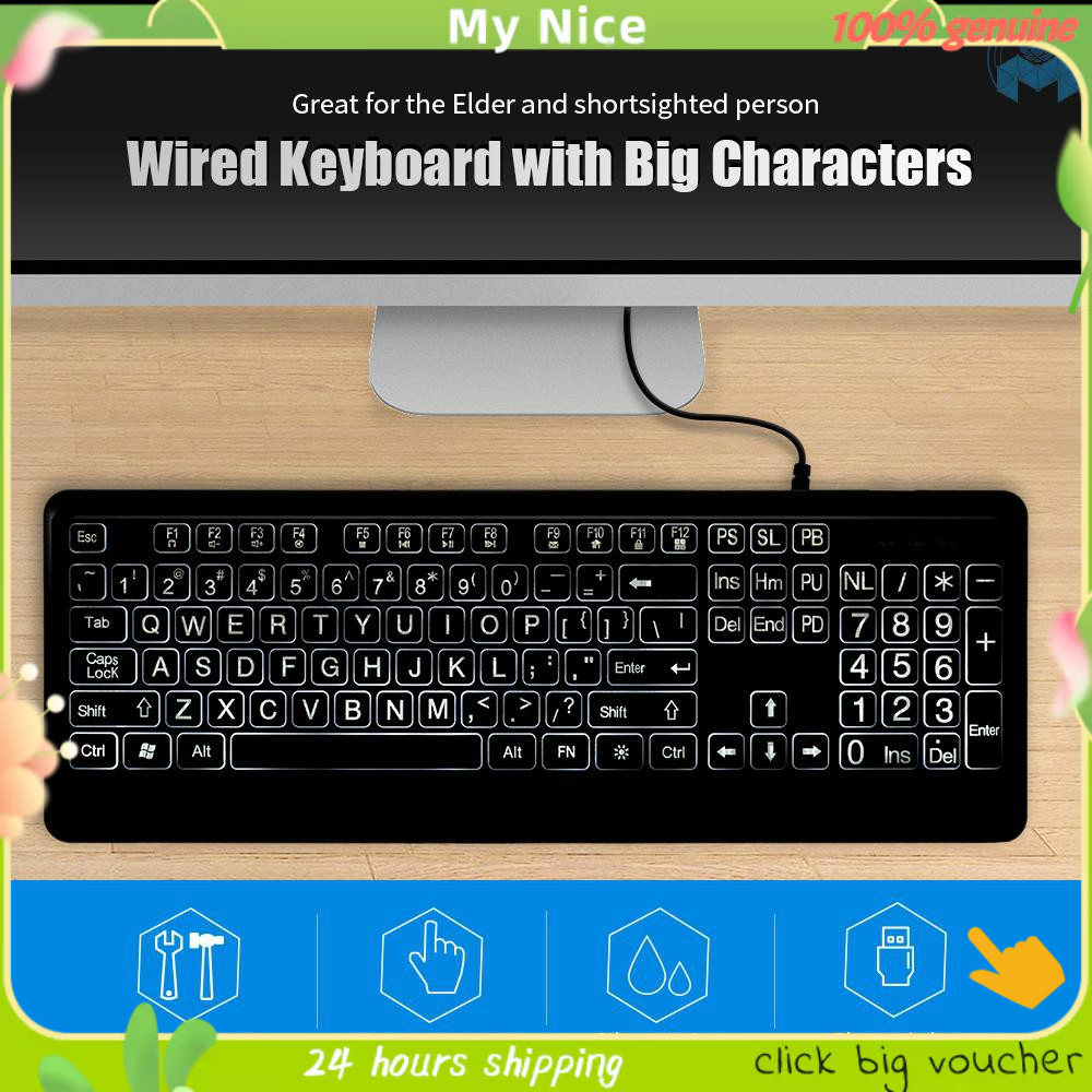 Wired Large Print Keyboard White Bold Jumbo Letters Silent Backlit ...