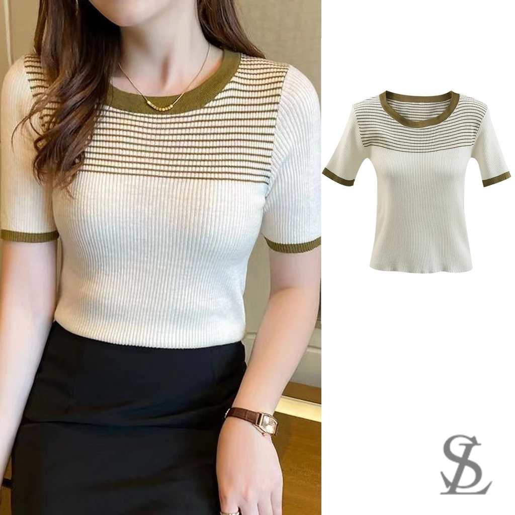 Unique Temperament Striped Short Sleeve Women Summer Ice Silk Top ...