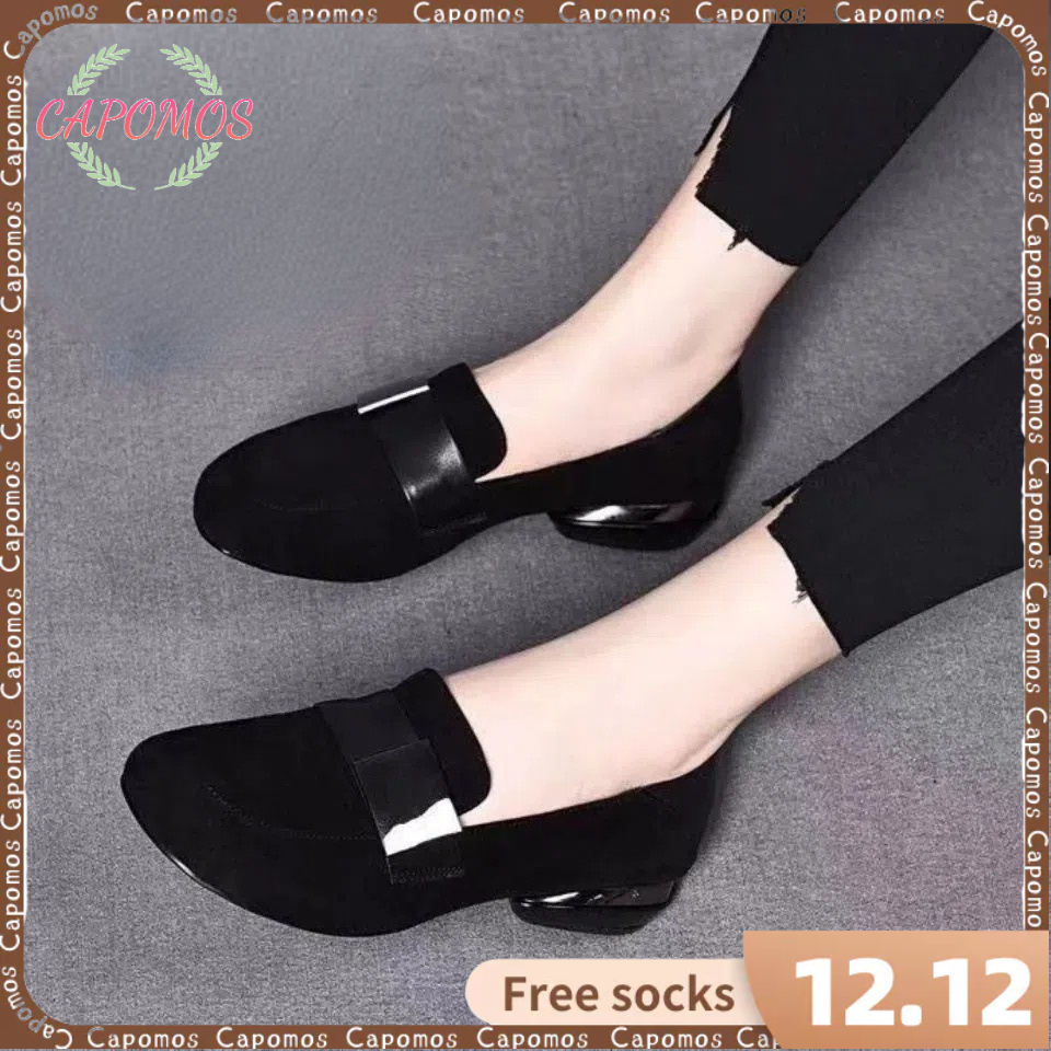 Capomos 2022 new leather low-heeled round toe peas shoes slip-on women ...