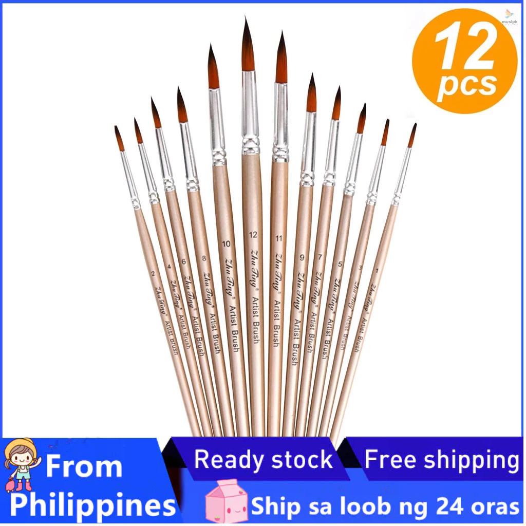 12pcs Paint Brushes Set Kit Round Pointed Tip Brushes with Nylon Hair ...