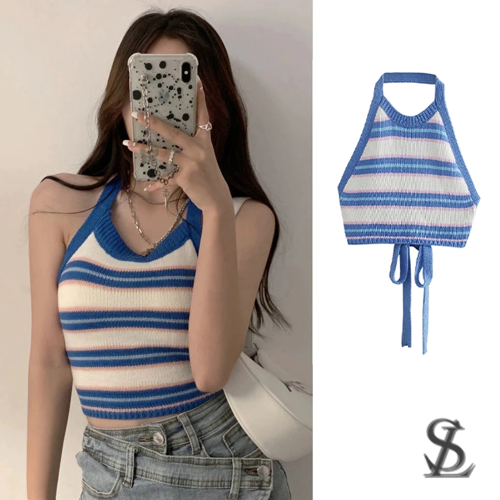 Women's Tanks Striped Halter Sexy Sweet Backless Bandage Exposure Navel ...