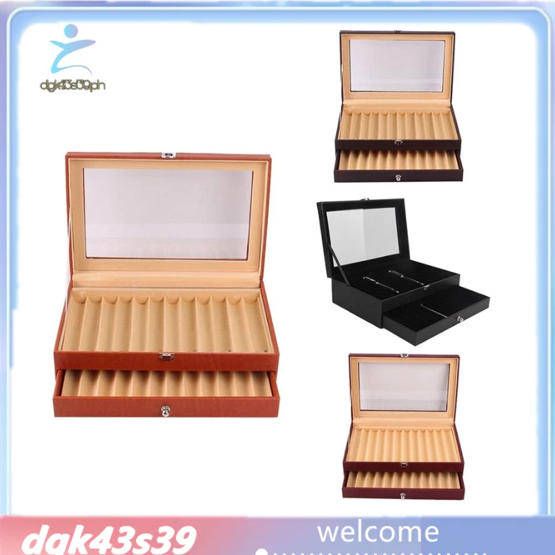 24 Slots Wooden Pen Display Storage Box Luxury 2 Layer PU Pen Case ...