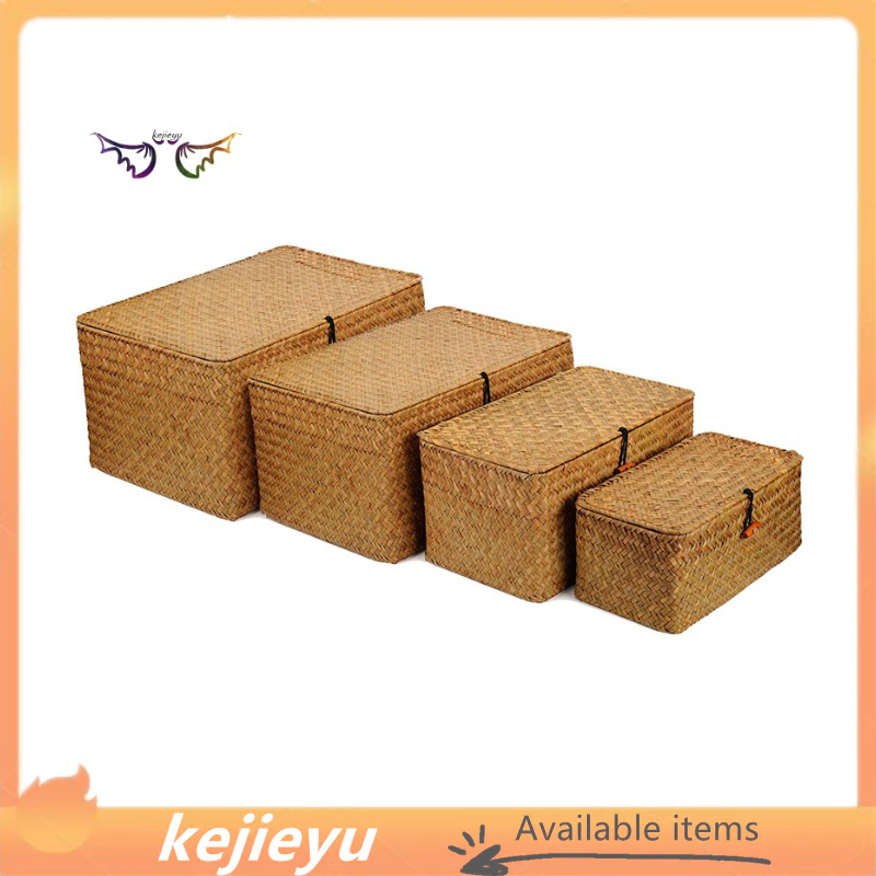 Seagrass Storage Baskets with Lids, Woven Rectangular Basket Bins ...