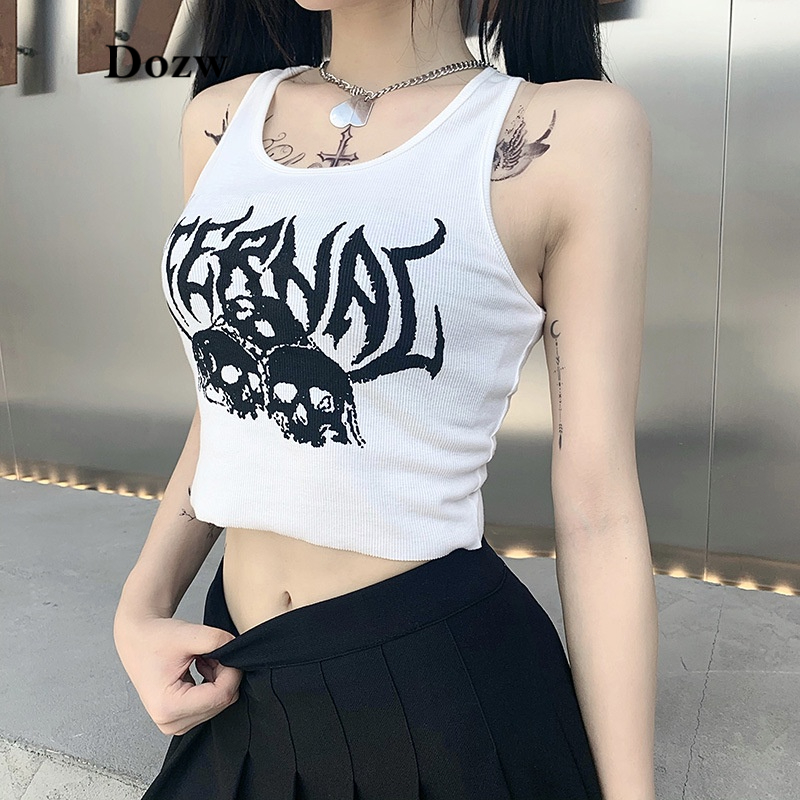 DOZW Sexy Punk Goth Crop Tops Women's Skull Print Vest Top Black Round ...