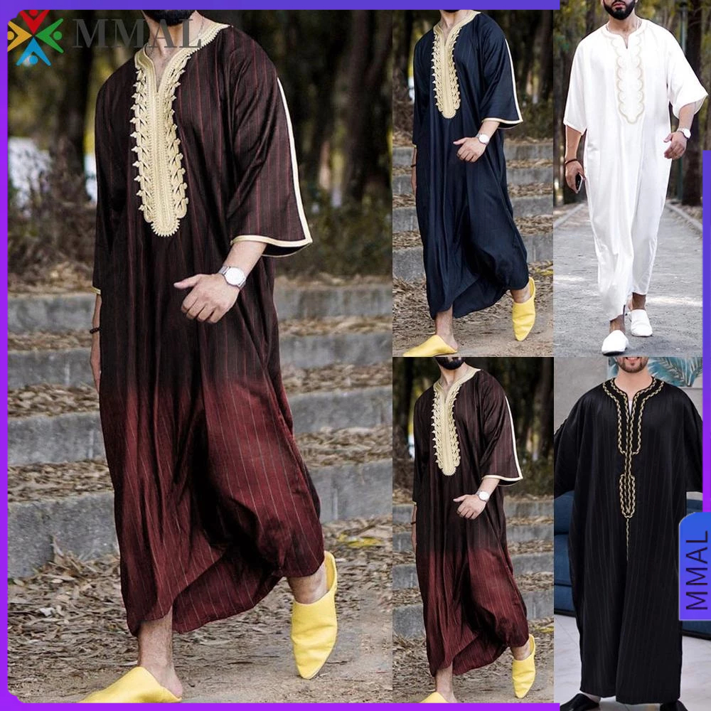 Men Stripe Jubba Kaftan Dishdash Thobe Arab Muslim Clothing Maxi Long ...