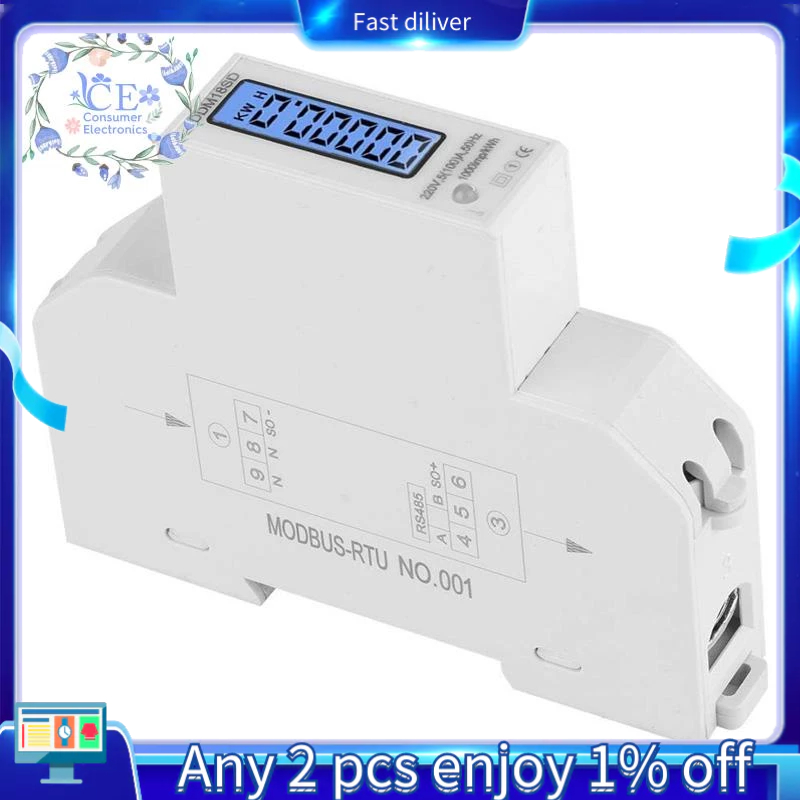 5-100A 220V Energy Meter Single Phase RS485 MODBUS Protocol LCD Backlit Display Din Rail Watt ...