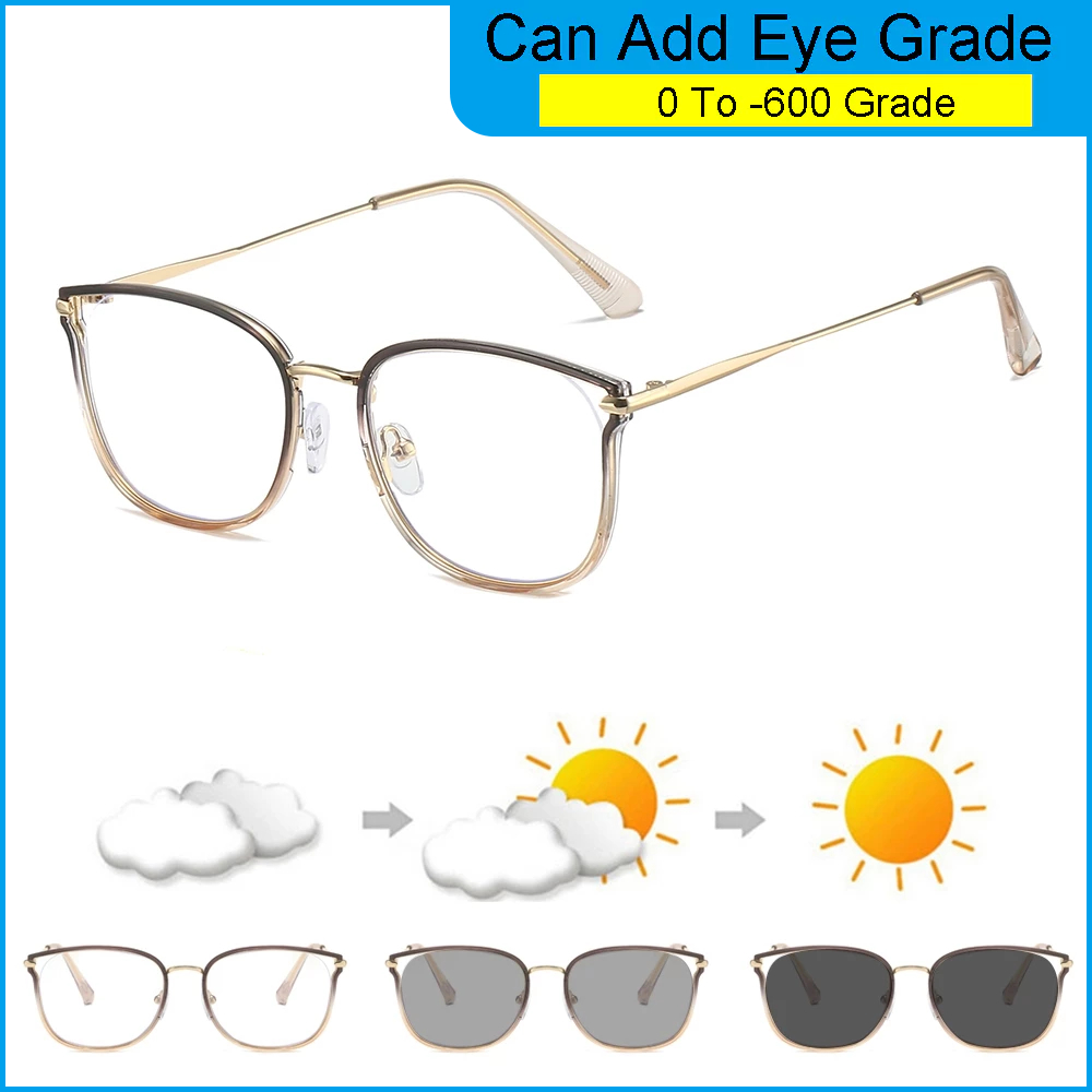 Photochromic Anti Radiation Graded Eyeglasses Women Cat Eye Metal ...