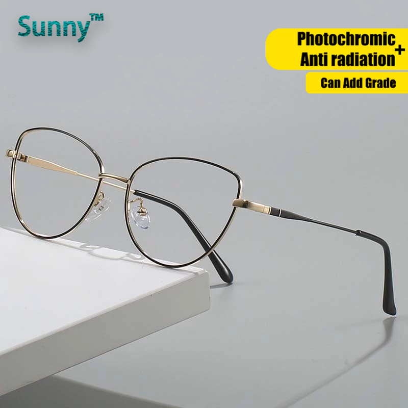 Photochromic Anti Radiation Eye Graded Glasses For Women Men Metal Cat ...